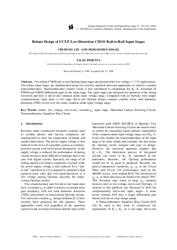 (PDF) Robust Design of LV/LP Low-Distortion CMOS Rail-to-Rail Input Stages