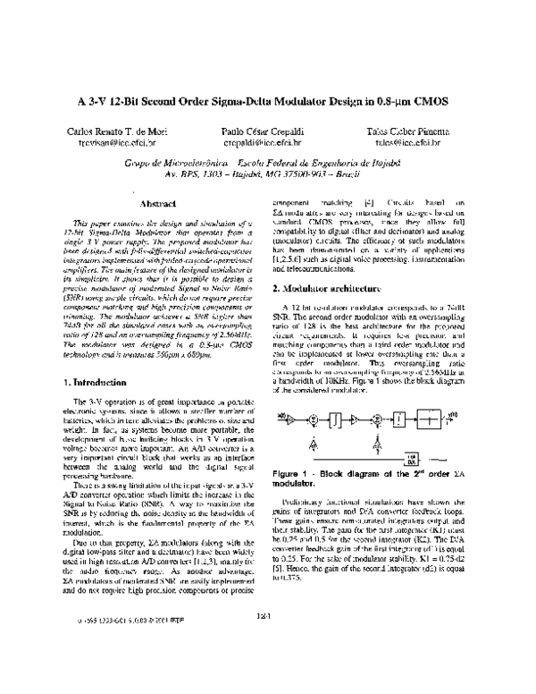 (PDF) A 3-V 12Bit Second Order Sigma-Delta Modulator Design in 0.8µm CMOS