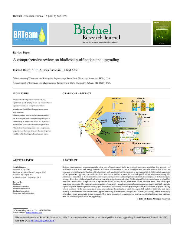 (PDF) A comprehensive review on biodiesel purification and upgrading