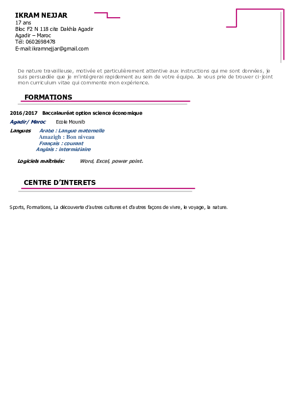 (DOC) Cv IKRAM nejjar (1)- | Ikram Nejjar - Academia.edu