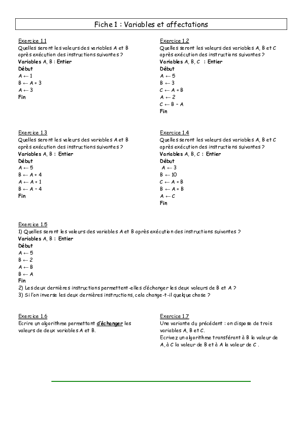 (PDF) Fiche 1 : Variables et affectations