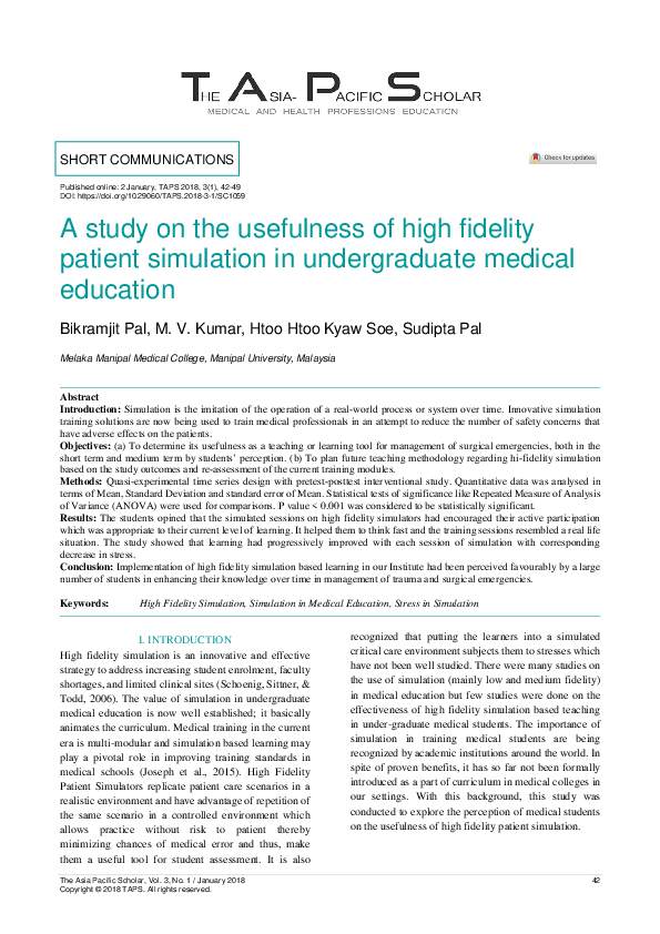 (PDF) A study on the usefulness of high fidelity patient simulation in undergraduate medical ...