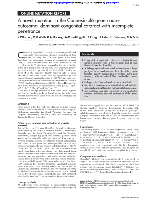 (PDF) A novel mutation in the Connexin 46 gene causes autosomal dominant congenital cataract ...