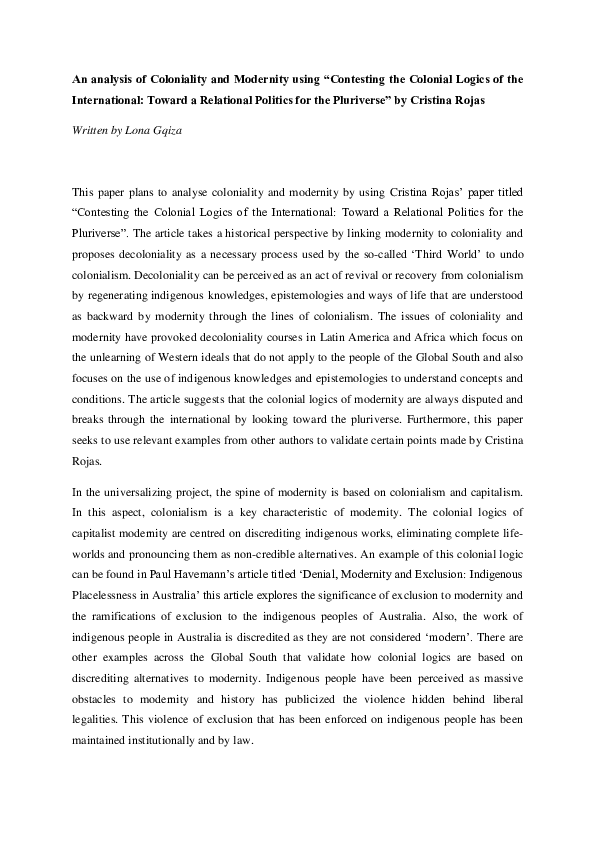 (DOC) An analysis of Coloniality and Modernity using “Contesting the ...
