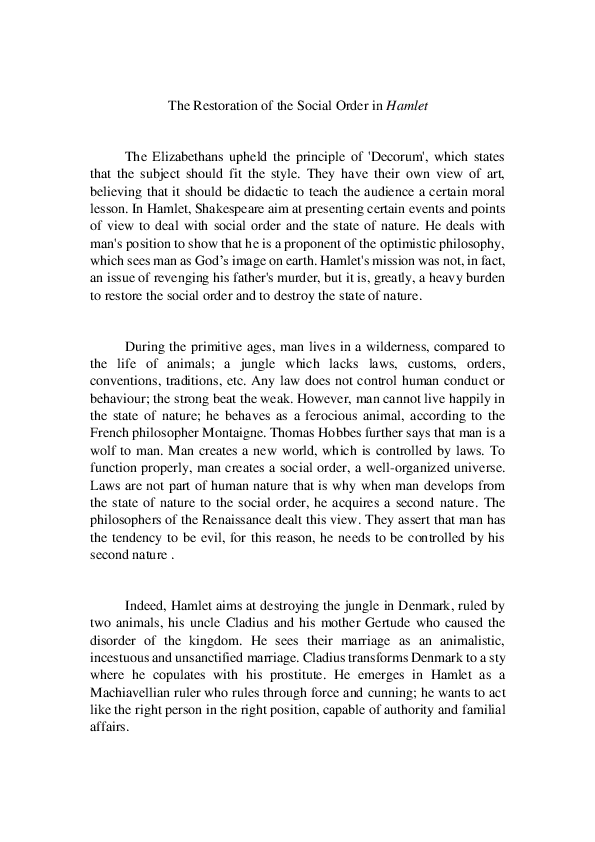 (DOC) The Restoration of the Social Order in Hamlet