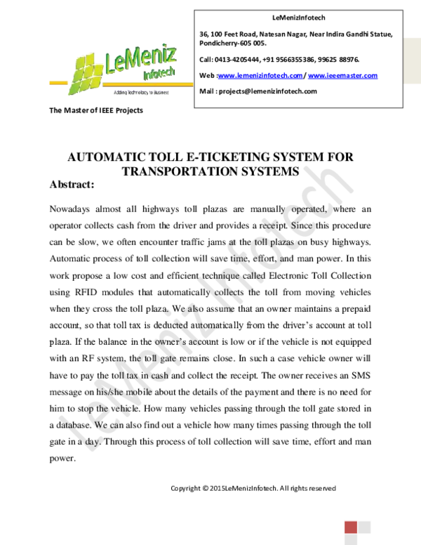 (PDF) The Master of IEEE Projects AUTOMATIC TOLL E-TICKETING SYSTEM FOR ...