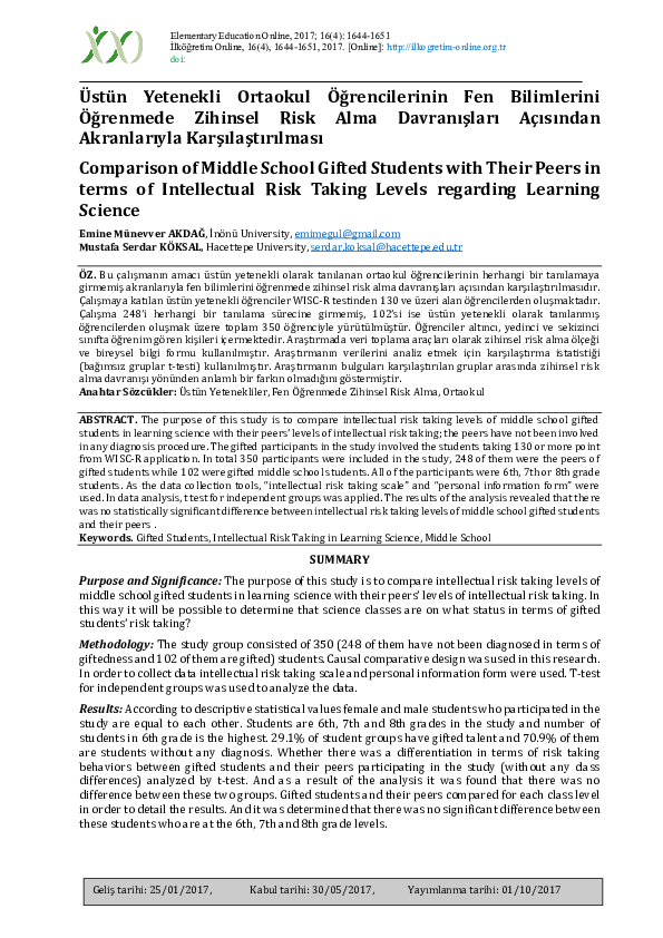(PDF) Comparison of Middle School Gifted Students with Their Peers in ...