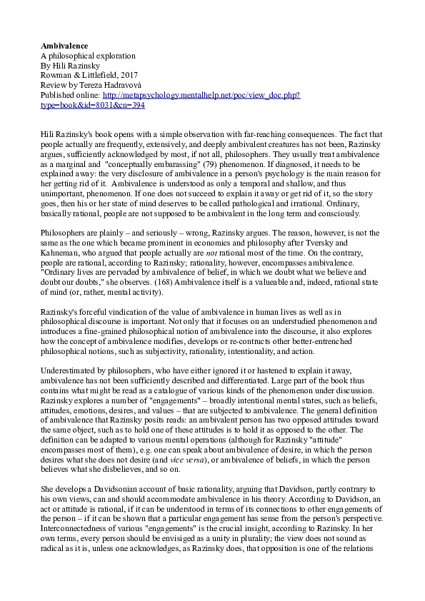 (PDF) Hili Razinsky: Ambivalence A philosophical exploration (book review)