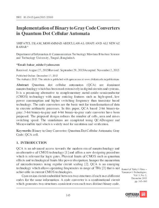 Pdf Implementation Of Binary To Gray Code Converters In Quantum Dot