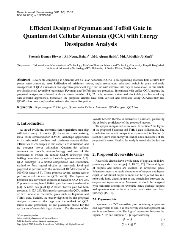 (PDF) Efficient Design of Feynman and Toffoli Gate in Quantum dot Cellular Automata (QCA) with ...