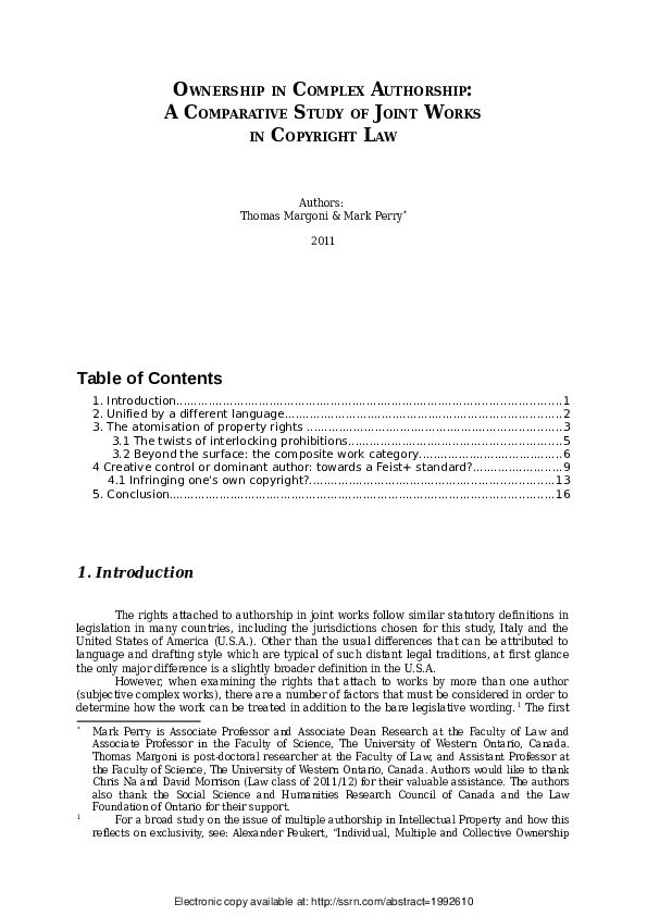 (PDF) OWNERSHIP IN COMPLEX AUTHORSHIP: A COMPARATIVE STUDY OF JOINT WORKS IN COPYRIGHT LAW