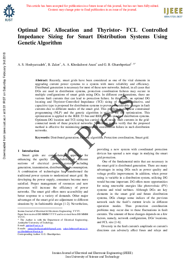 Pdf Optimal Dg Allocation And Thyristor Fcl Controlled Impedance Sizing For Smart Distribution