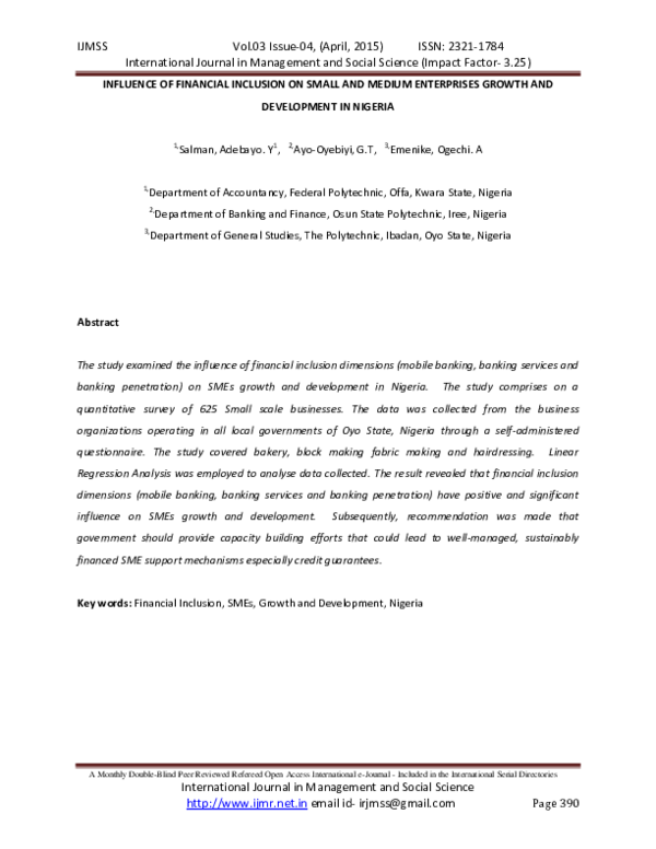 (PDF) INFLUENCE OF FINANCIAL INCLUSION ON SMALL AND MEDIUM ENTERPRISES GROWTH AND DEVELOPMENT IN ...