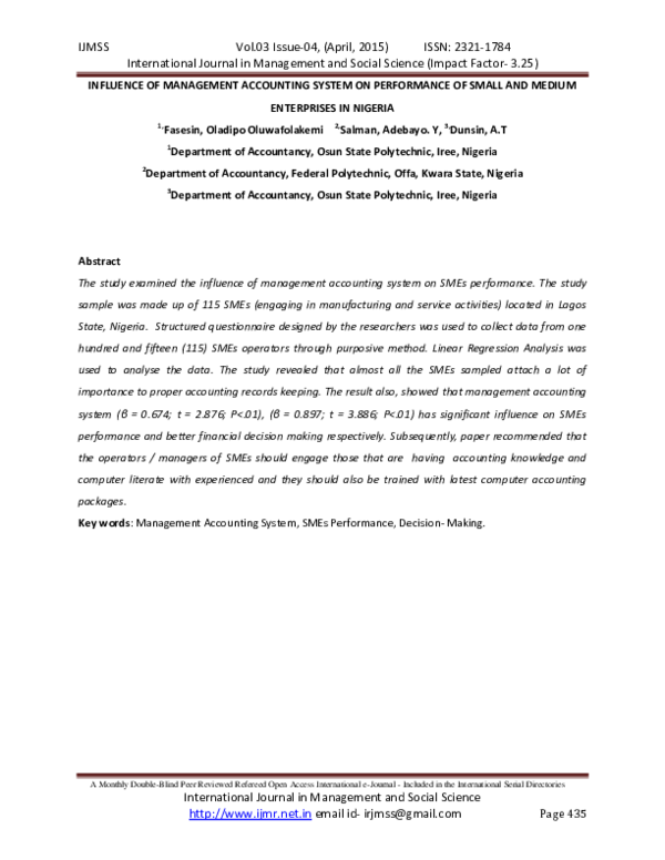 Pdf Influence Of Management Accounting System On Performance Of Small And Medium Enterprises