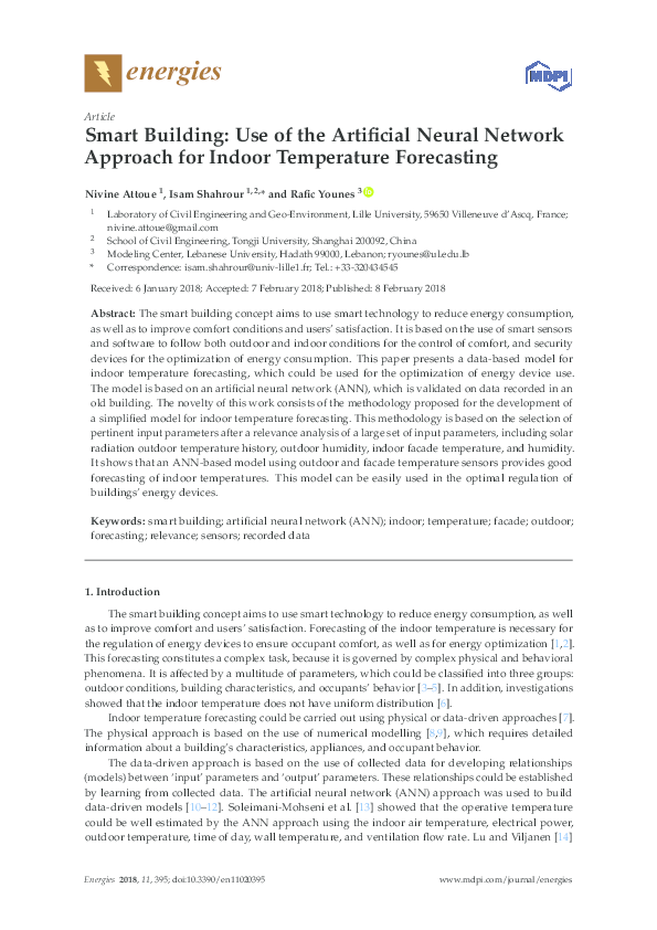 (PDF) Smart Building: Use of the Artificial Neural Network Approach for Indoor Temperature ...