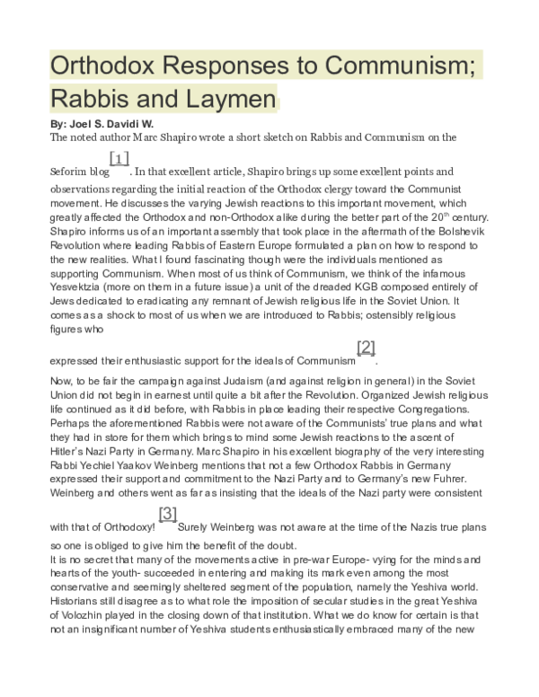Orthodox Responses to Communism; Rabbis and Laymen