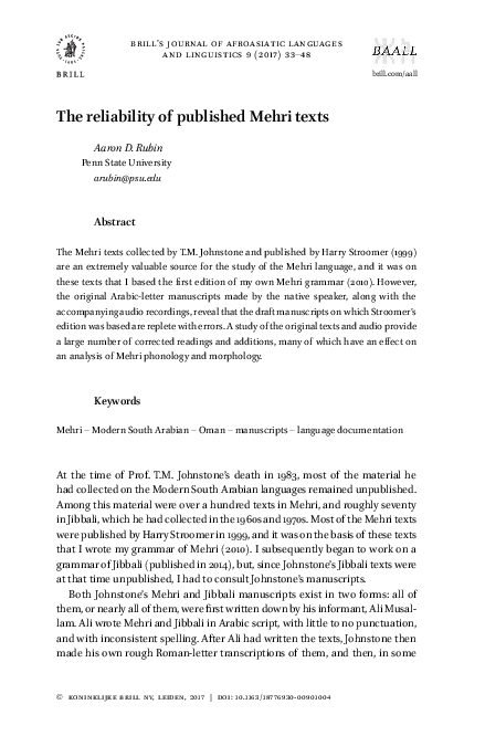 (PDF) The Reliability of Published Mehri Texts