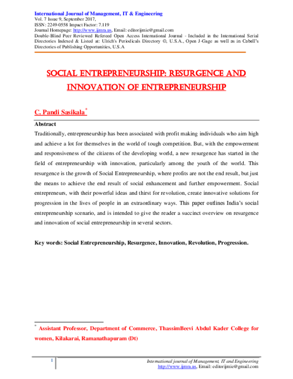 (PDF) SOCIAL ENTREPRENEURSHIP: RESURGENCE AND INNOVATION OF ...