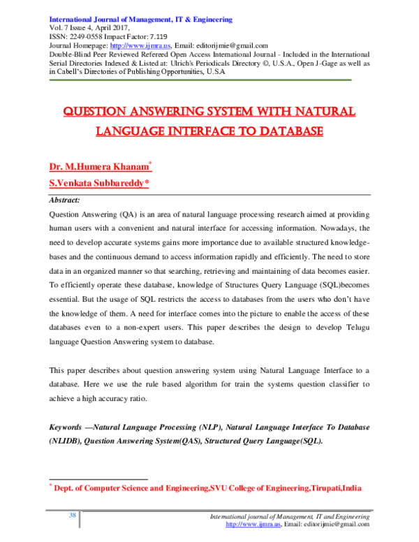 (PDF) QUESTION ANSWERING SYSTEM WITH NATURAL LANGUAGE INTERFACE TO DATABASE