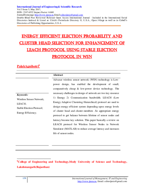 (PDF) Energy Efficient Election Probability and Cluster Head Selection ...