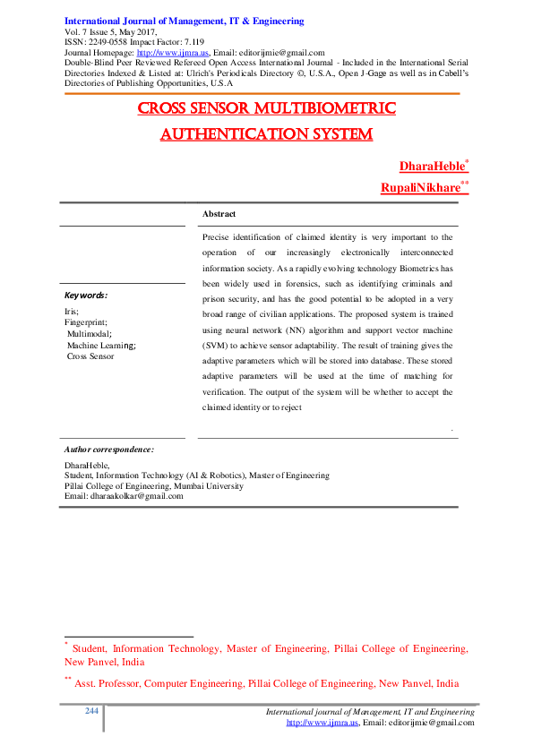 Pdf Cross Sensor Multibiometric Authentication System