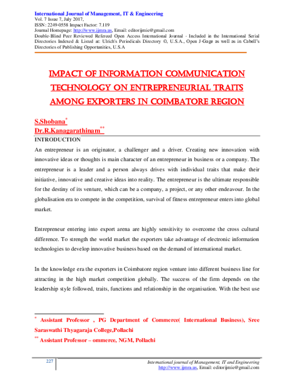 (PDF) Impact of Information communication technology on Entrepreneurial ...