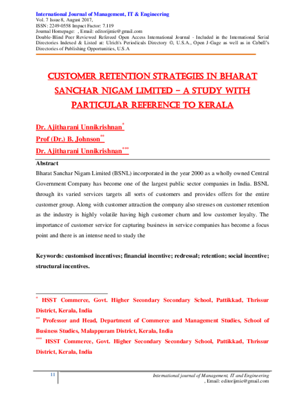 (PDF) Customer Retention Strategies in Bharat Sanchar Nigam Limited – A ...