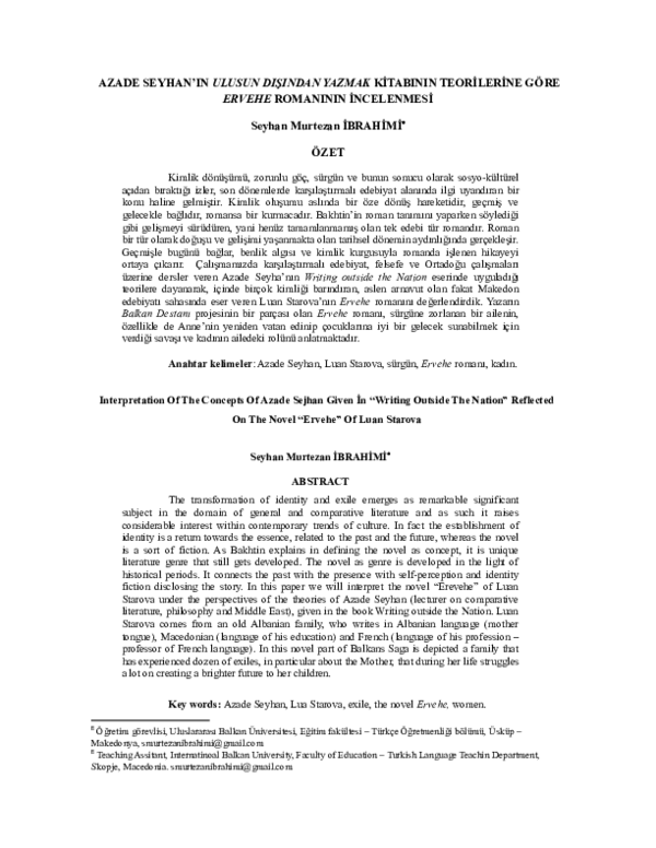 (DOC) AZADE SEYHAN’IN ULUSUN DIŞINDAN YAZMAK KİTABININ TEORİLERİNE GÖRE ...