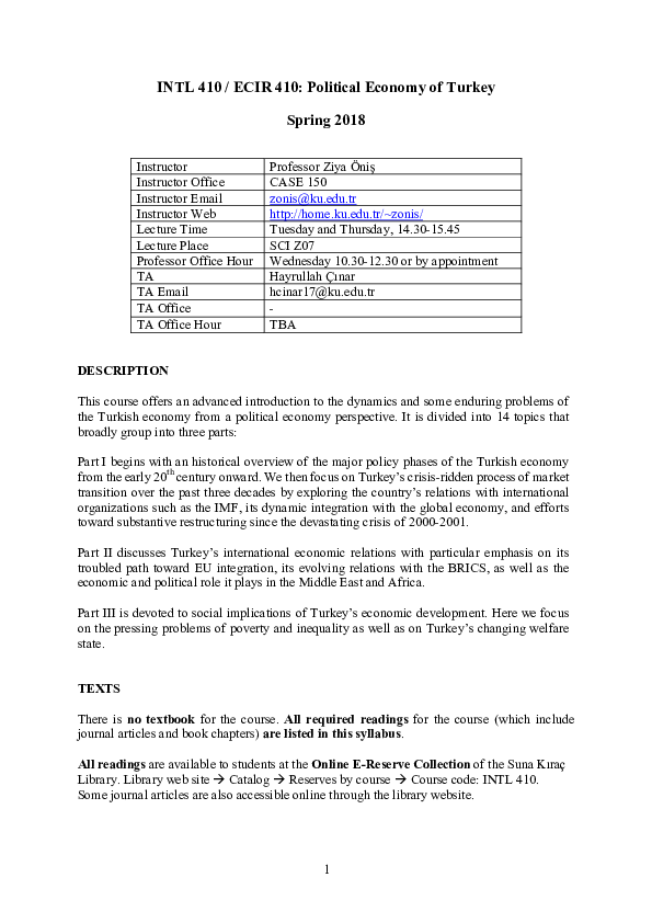 (PDF) INTL- ECIR 410 Political Economy of Turkey Syllabus Spring 2018
