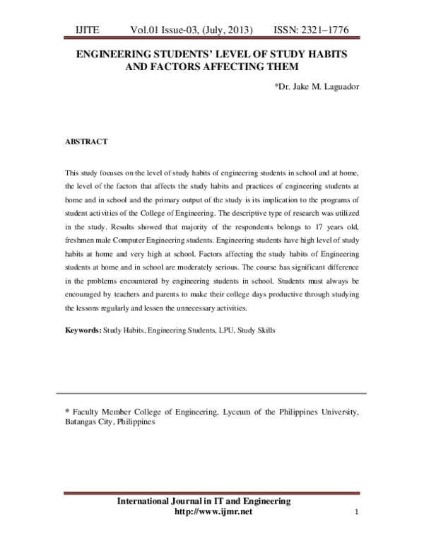 (PDF) ENGINEERING STUDENTS' LEVEL OF STUDY HABITS AND FACTORS AFFECTING ...