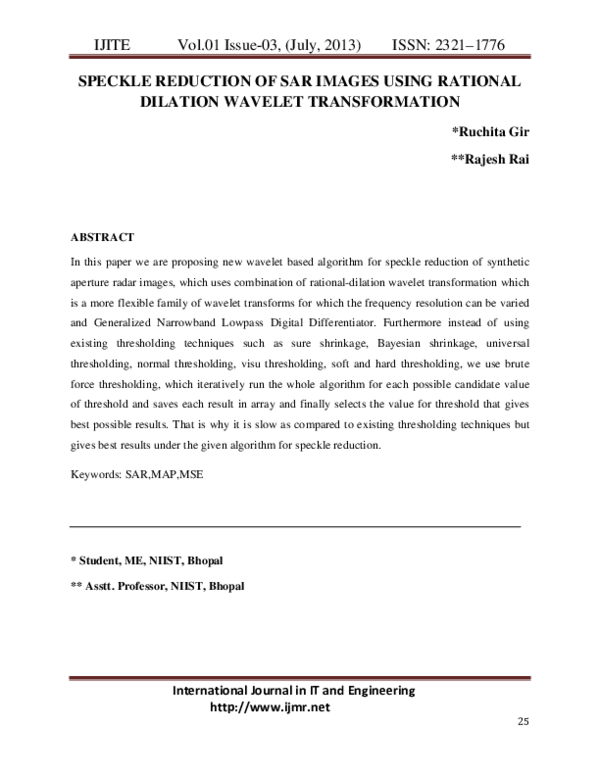 (PDF) SPECKLE REDUCTION OF SAR IMAGES USING RATIONAL DILATION WAVELET TRANSFORMATION