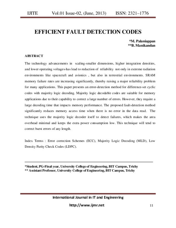(PDF) EFFICIENT FAULT DETECTION CODES