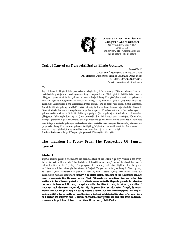 (PDF) Tuğrul Tanyol'un Perspektifinden Şiirde Gelenek