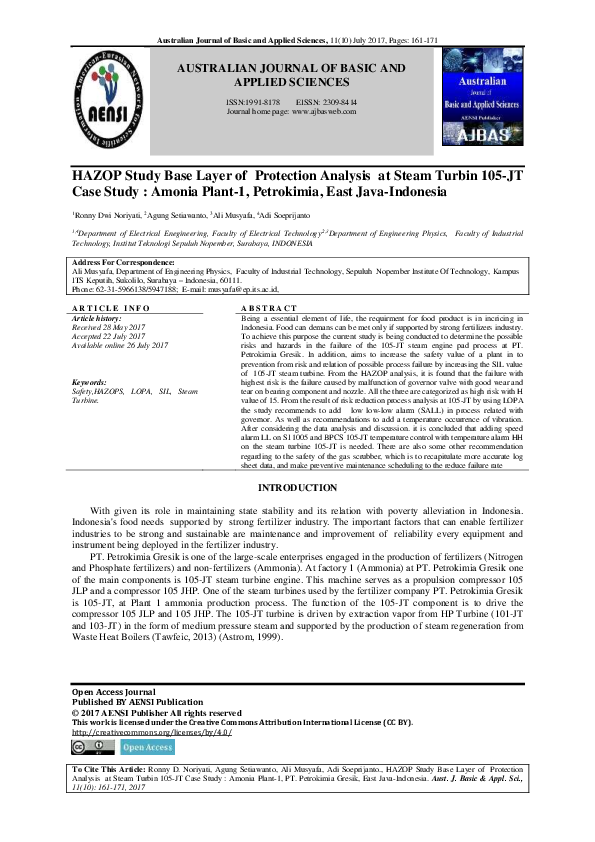 (PDF) HAZOP Study Base Layer of Protection Analysis at Steam Turbin 105-JT Case Study : Amonia ...