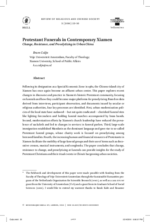 (PDF) Colijn 2016 Protestant Funerals in Contemporary Xiamen: Change ...