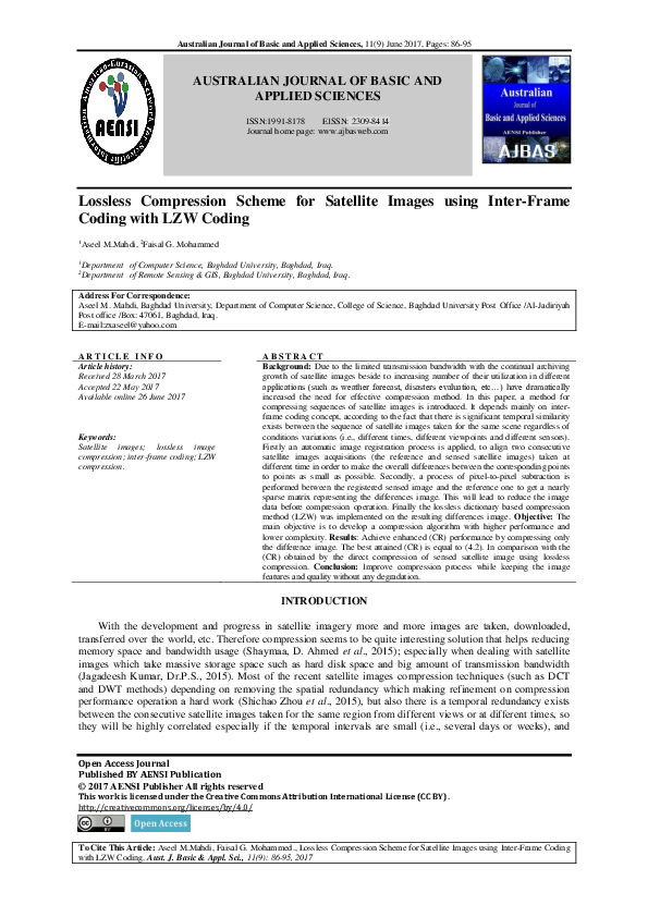 Pdf Lossless Compression Scheme For Satellite Images Using Inter Frame Coding With Lzw Coding