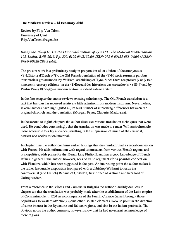 (PDF) Review of: Philip D. HANDYSIDE, The Old French William of Tyre ...