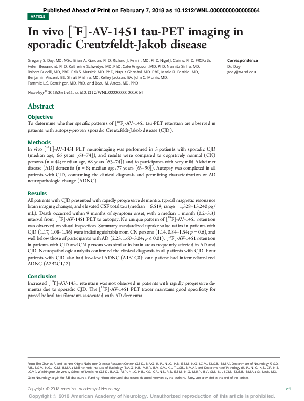 (PDF) In vivo [ 18 F]-AV-1451 tau-PET imaging in sporadic Creutzfeldt ...