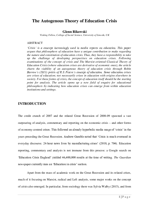 (PDF) The Autogenous Theory of Education Crisis