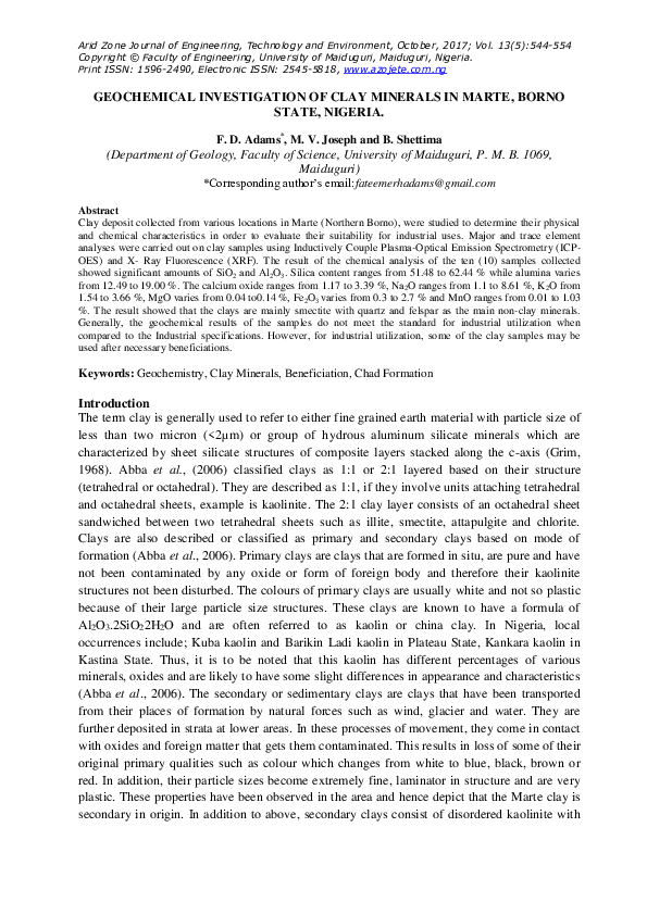 (PDF) GEOCHEMICAL INVESTIGATION OF CLAY MINERALS IN MARTE, BORNO STATE, NIGERIA