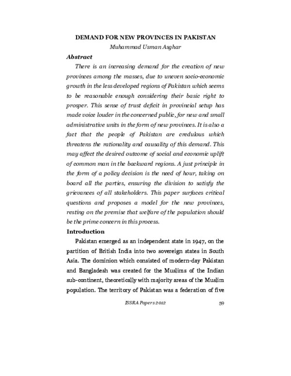(PDF) DEMAND FOR NEW PROVINCES IN PAKISTAN