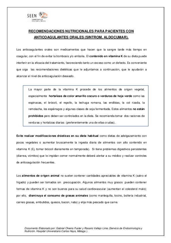 (PDF) RECOMENDACIONES NUTRICIONALES PARA PACIENTES CON ANTICOAGULANTES ...