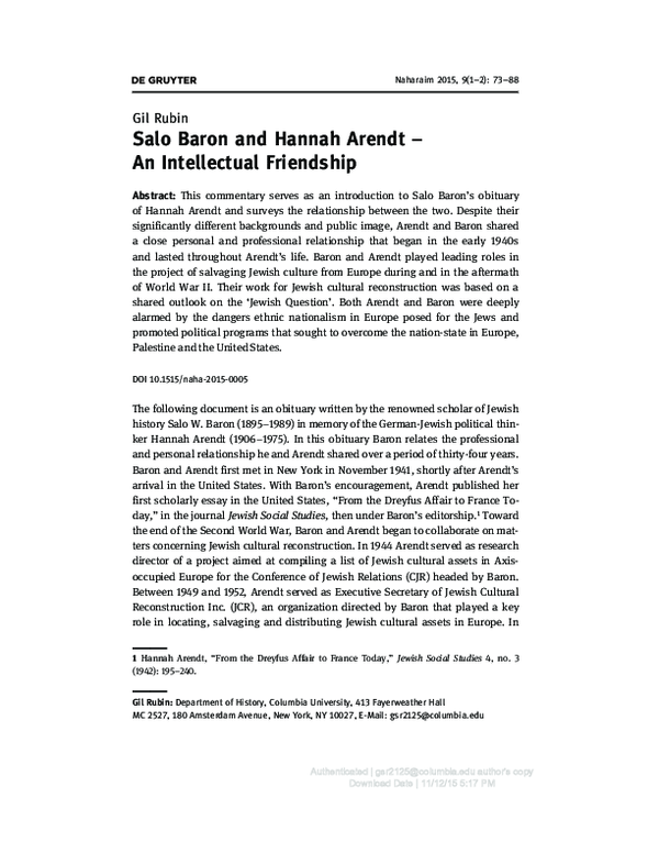 (PDF) Salo Baron and Hannah Arendt: An Intellectual Friendship