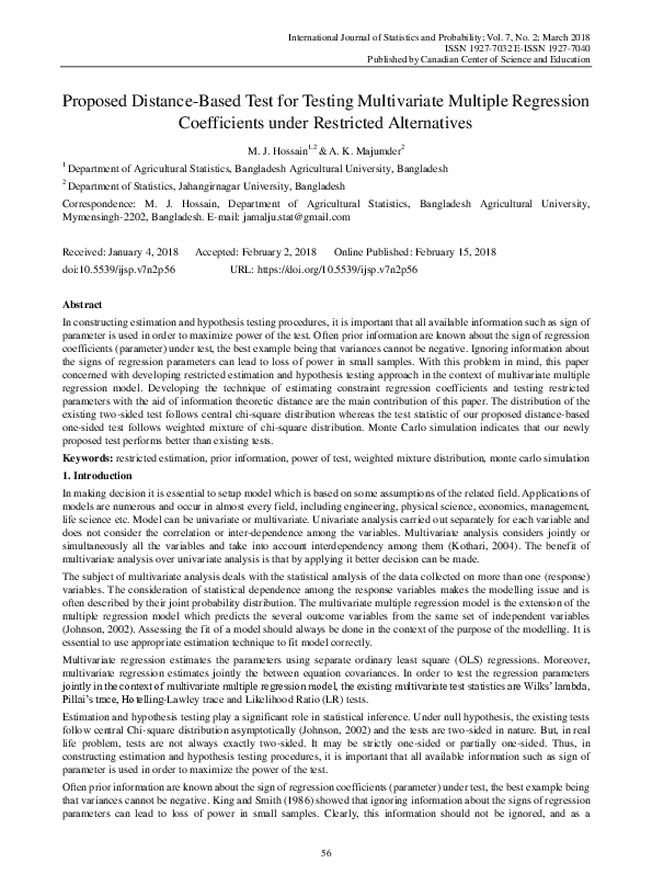 Pdf Proposed Distance Based Test For Testing Multivariate Multiple Regression Coefficients