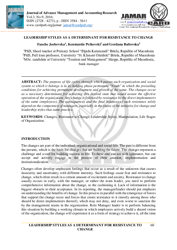 (PDF) LEADERSHIP STYLES AS A DETERMINANT FOR RESISTANCE TO CHANGE 60 ...