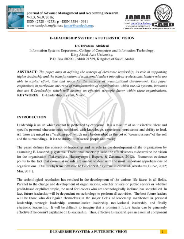 (PDF) E-LEADERSHIP SYSTEM: A FUTURISTIC VISION