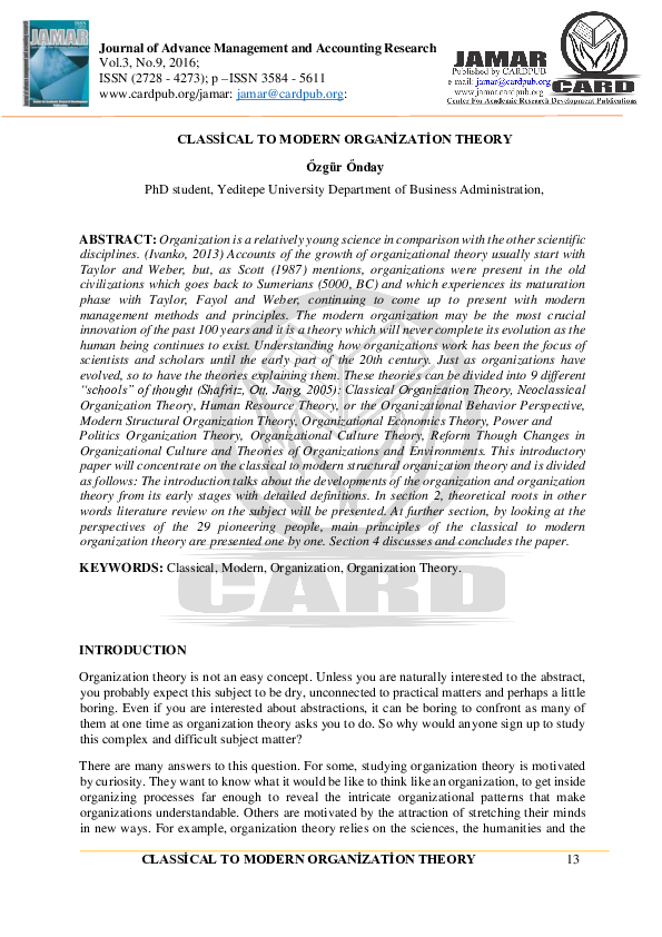 (PDF) CLASSİCAL TO MODERN ORGANİZATİON THEORY 13 CLASSİCAL TO MODERN ...