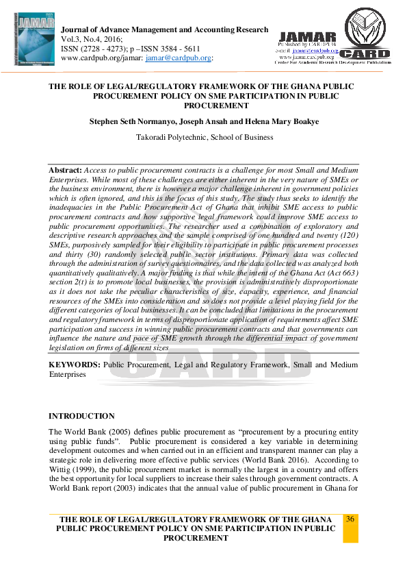 Pdf The Role Of Legal Regulatory Framework Of The Ghana Public Procurement Policy On Sme