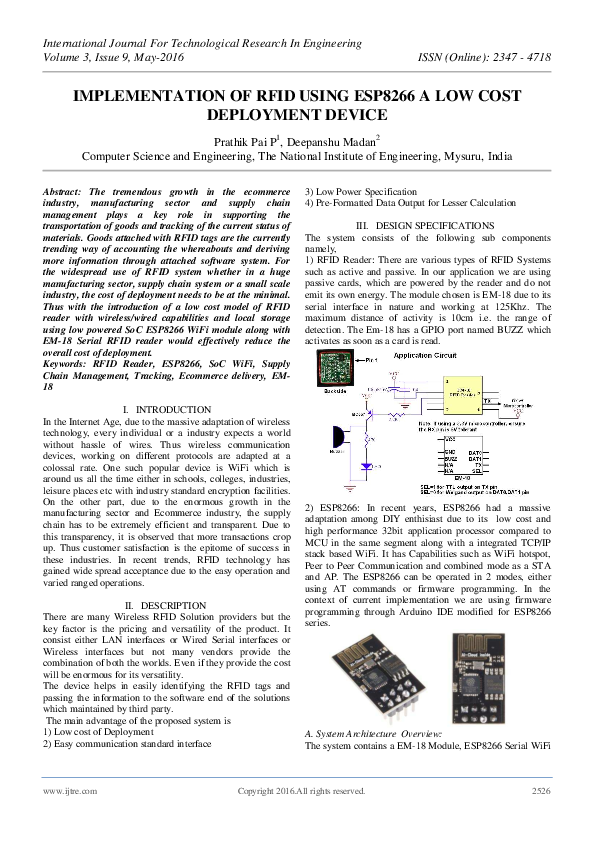 (PDF) IMPLEMENTATION OF RFID USING ESP8266 A LOW COST DEPLOYMENT DEVICE