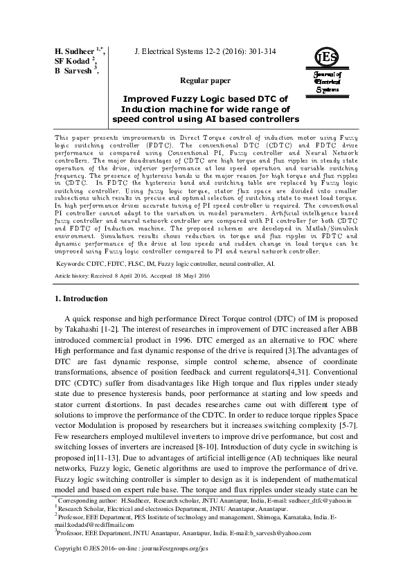 Pdf Improved Fuzzy Logic Based Dtc Of Induction Machine For Wide Range Of Speed Control Using